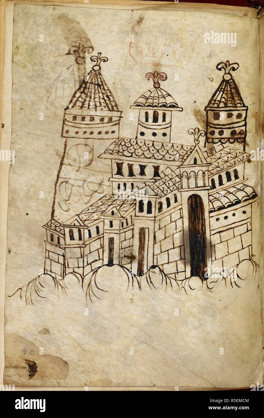 Ink drawing of a Romanesque building with three towers. Collection of ...