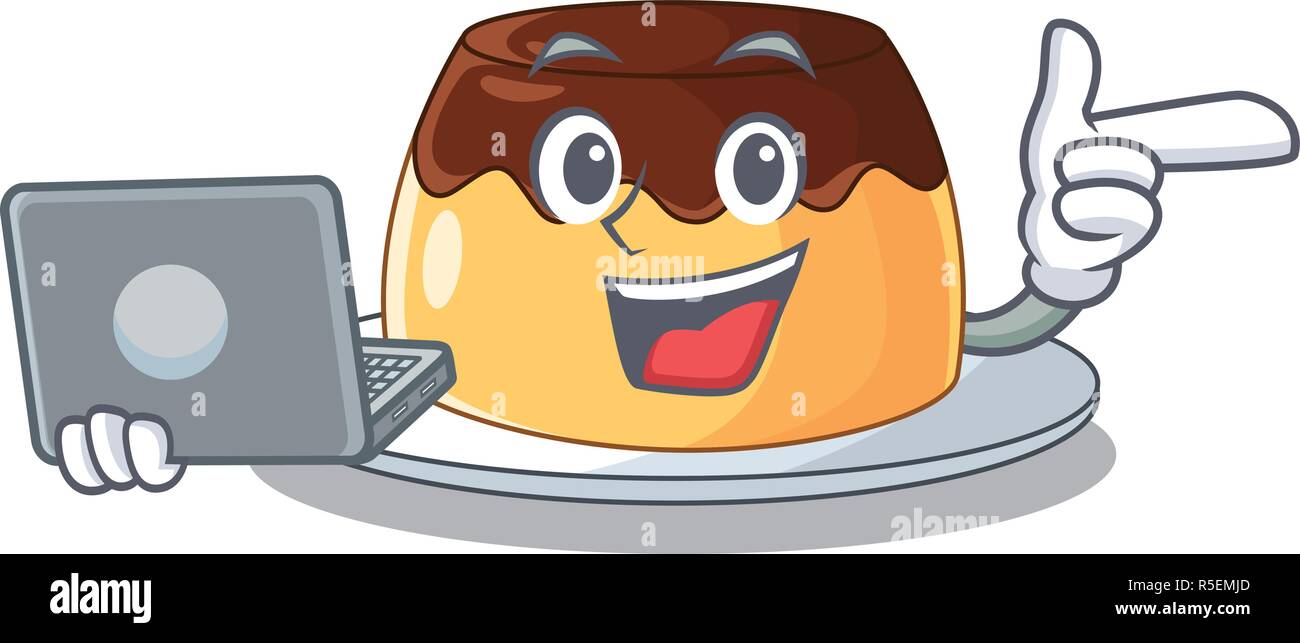 With laptop delicious chocolate pudding with on cartoon vector ...