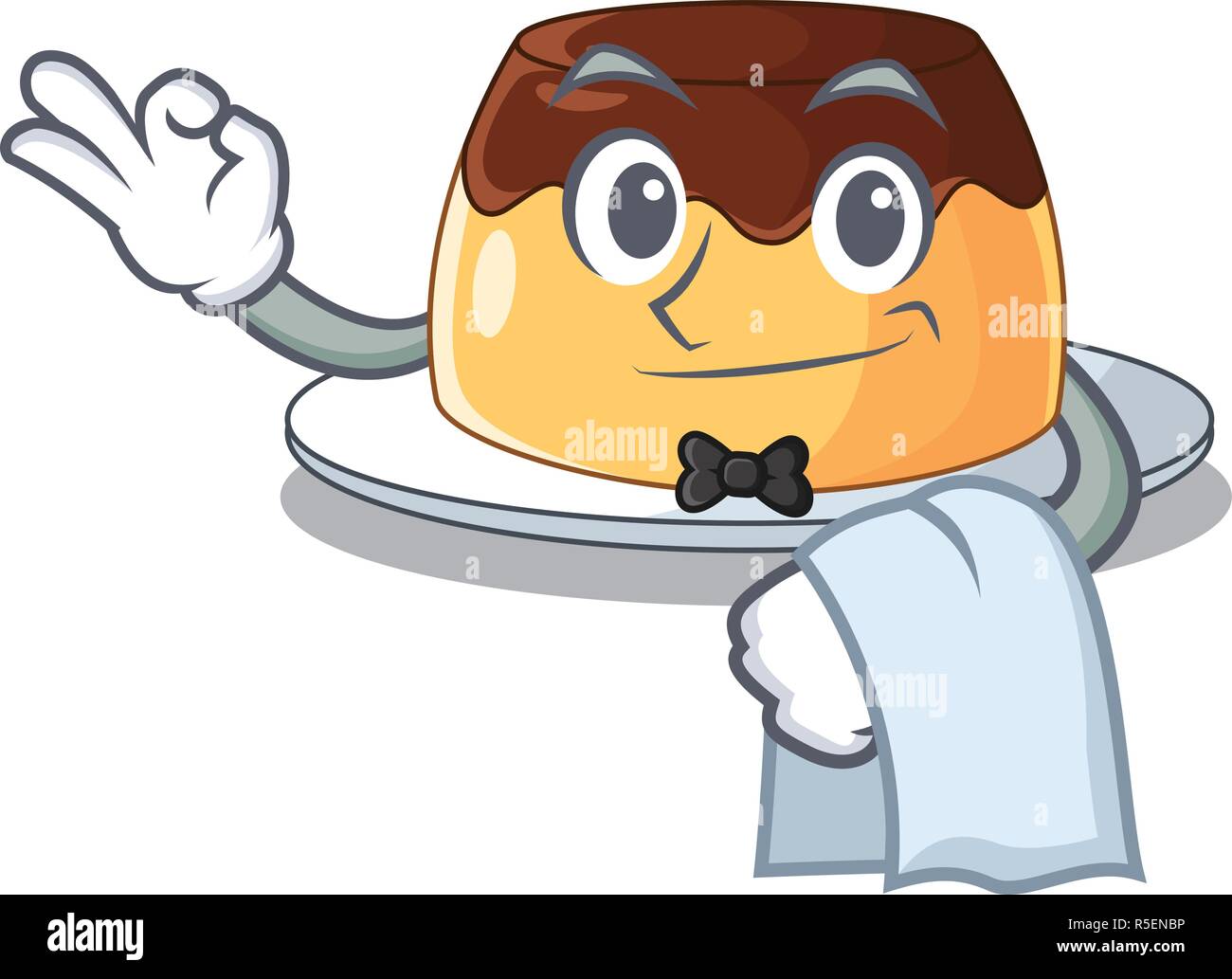 Waiter caramel chocolate pudding on cartoon funny vector illustration ...
