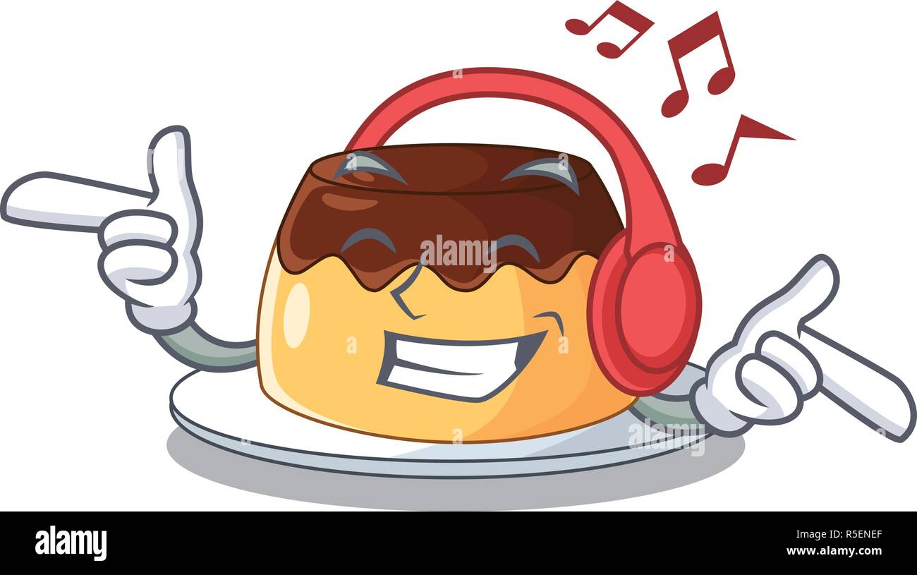Listening music caramel chocolate pudding on cartoon funny vector ...