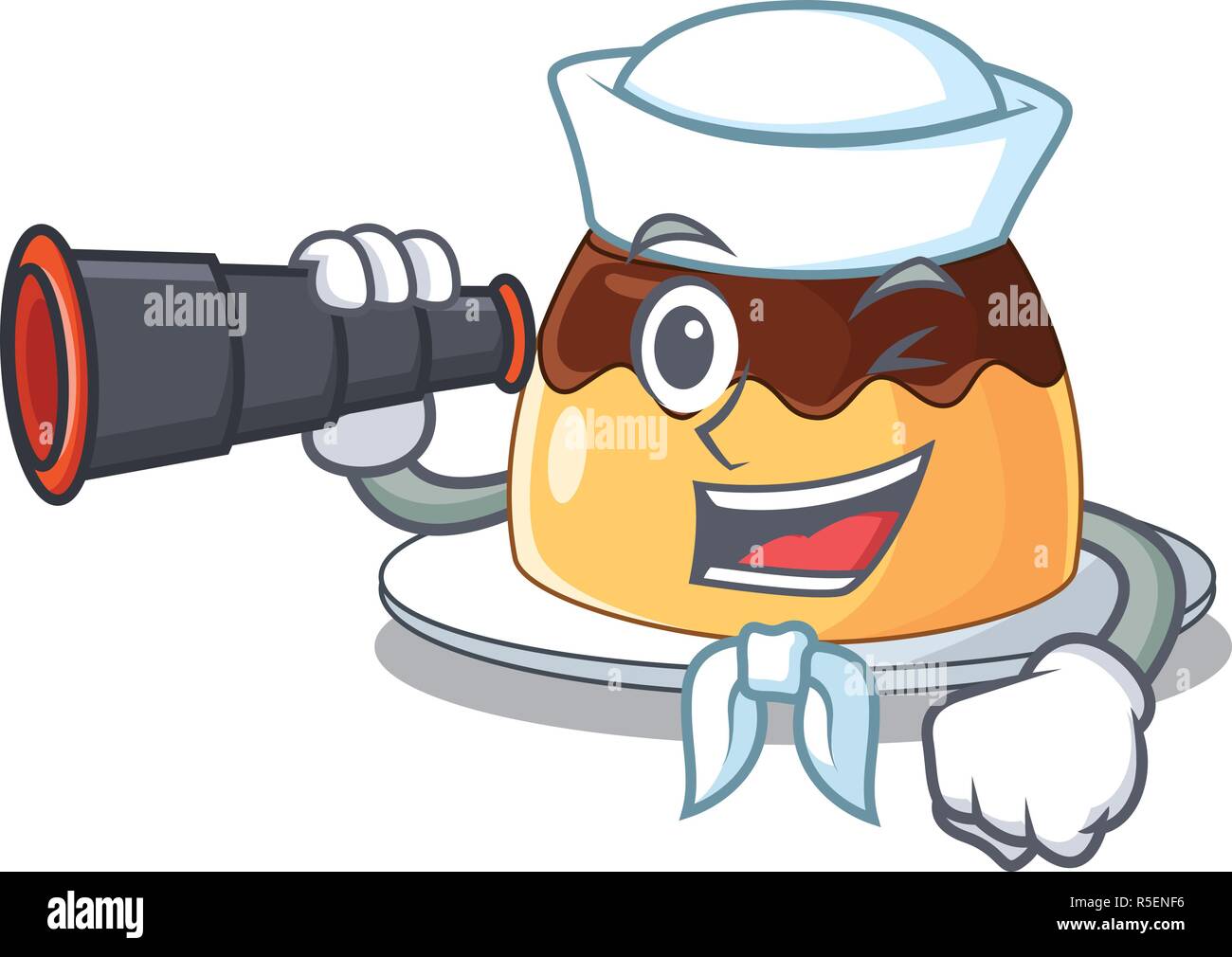 Sailor with binocular caramel chocolate pudding on cartoon funny vector ...