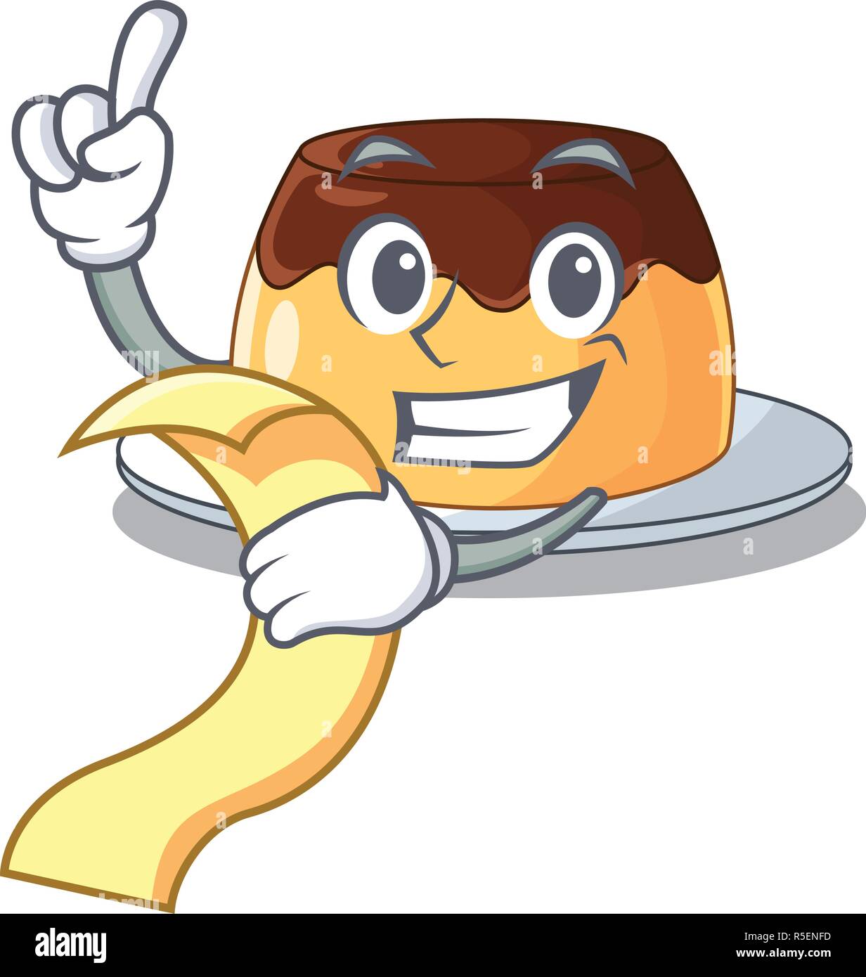 With menu caramel chocolate pudding on cartoon funny vector ...