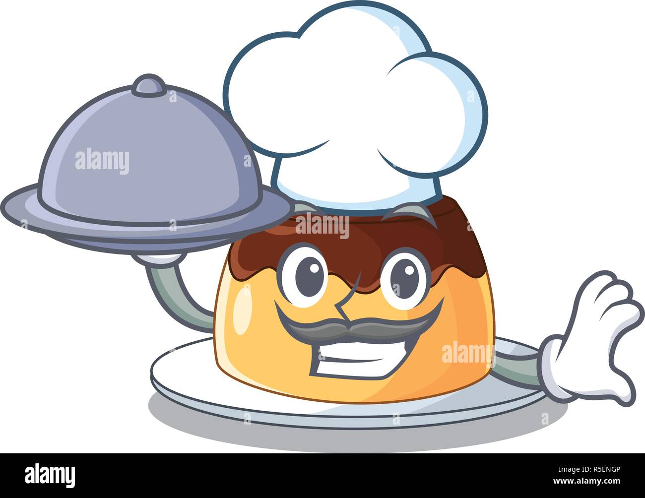 Chef with food caramel chocolate pudding on cartoon funny vector ...