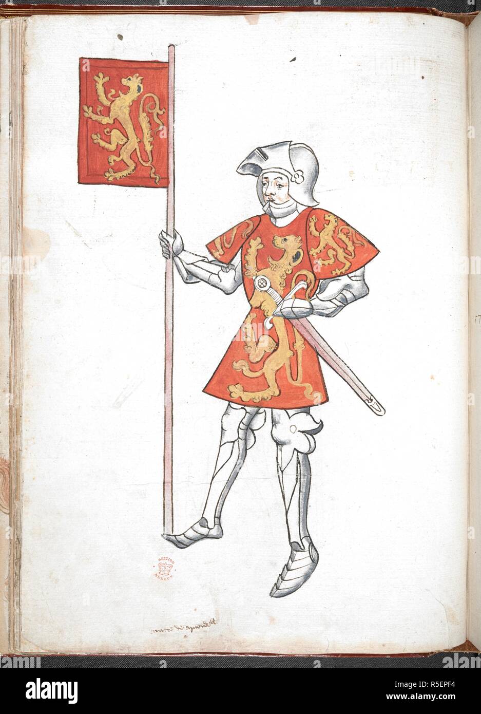 Coloured drawing of a knight in armour and tabard. Legh's Men of Arms ...