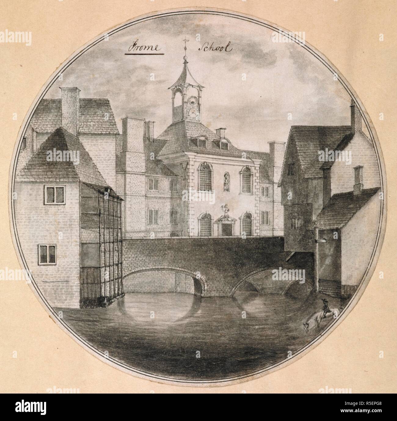 A circular view of Frome School; Frome Bridge in front; the river below ...