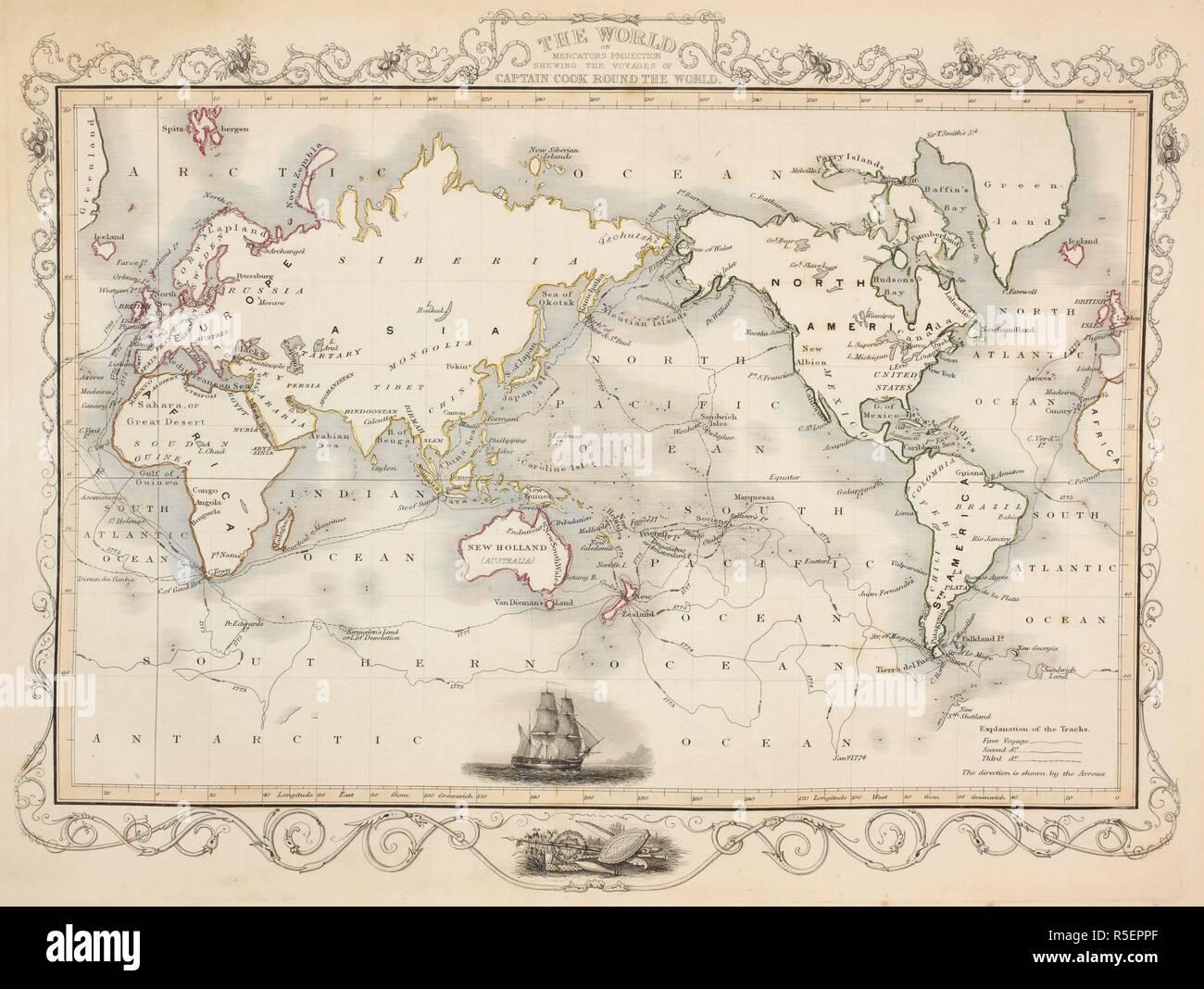 A map of the world showing the voyages of Captain Cook. Tallis's ...