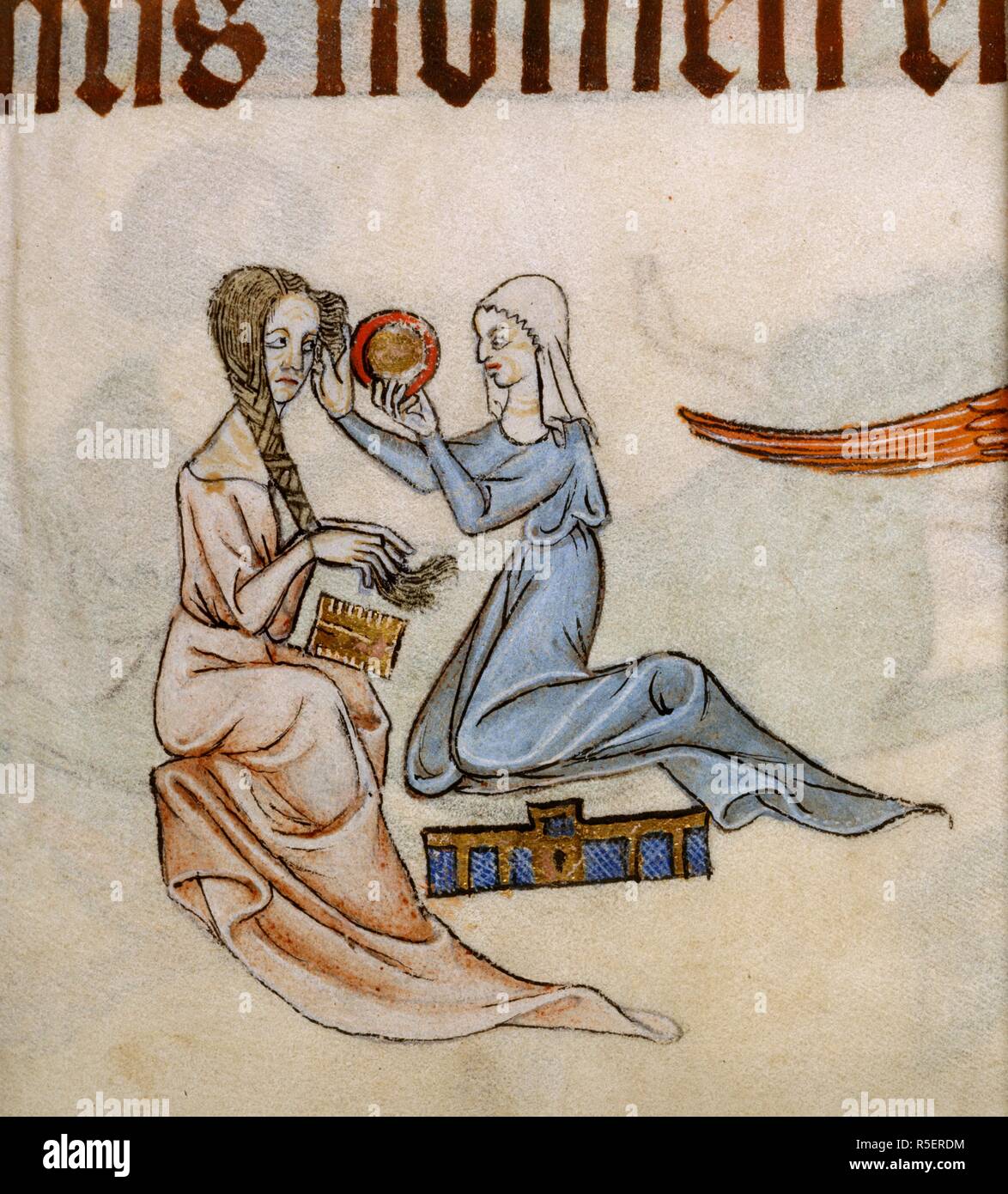 [Detail] Lower margin. A lady attended by her maid, who holds a ...