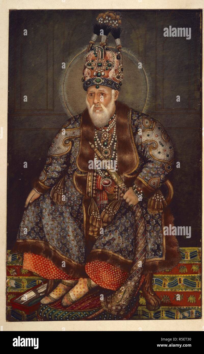 Portrait of Akbar II (1806-1837). With a halo round his head, he wears ...