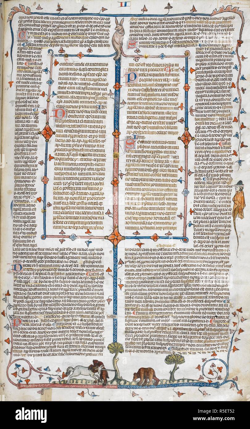 Text; bas-de-page scene showing a fight between a unicorn and two bears ...