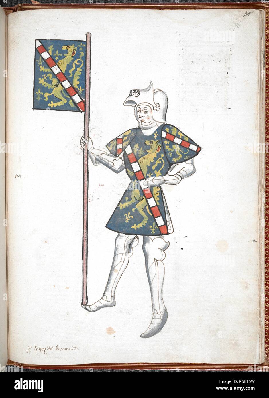 Knight, in armour and tabard, holding a sword and a standard with ...