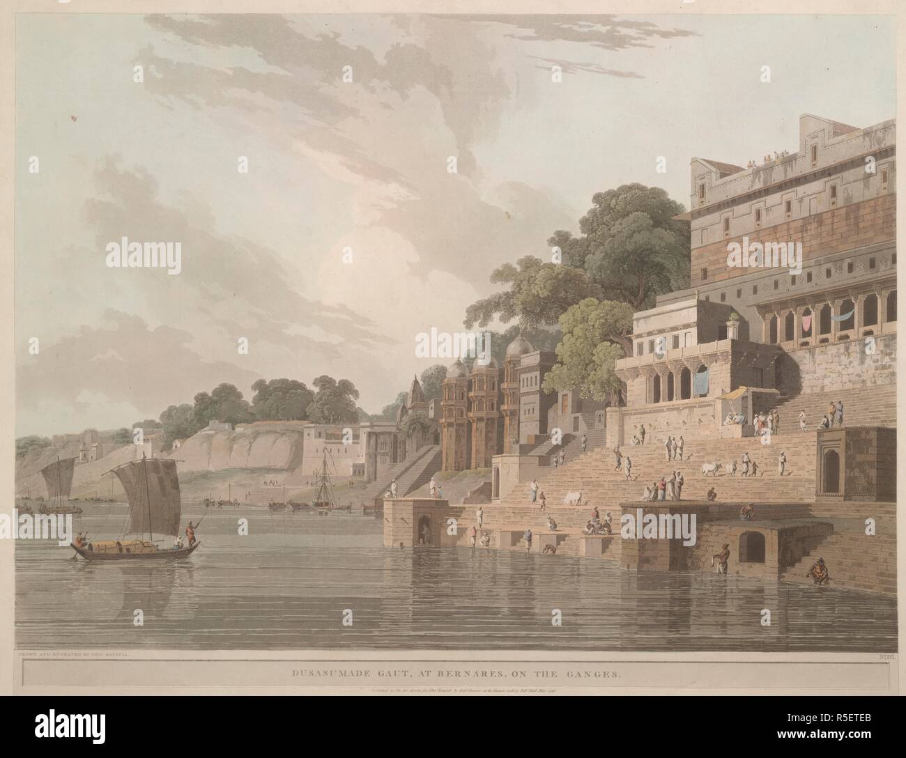 Dusasumade Gaut at Benares, on the Ganges. The ghats are stepped banks ...