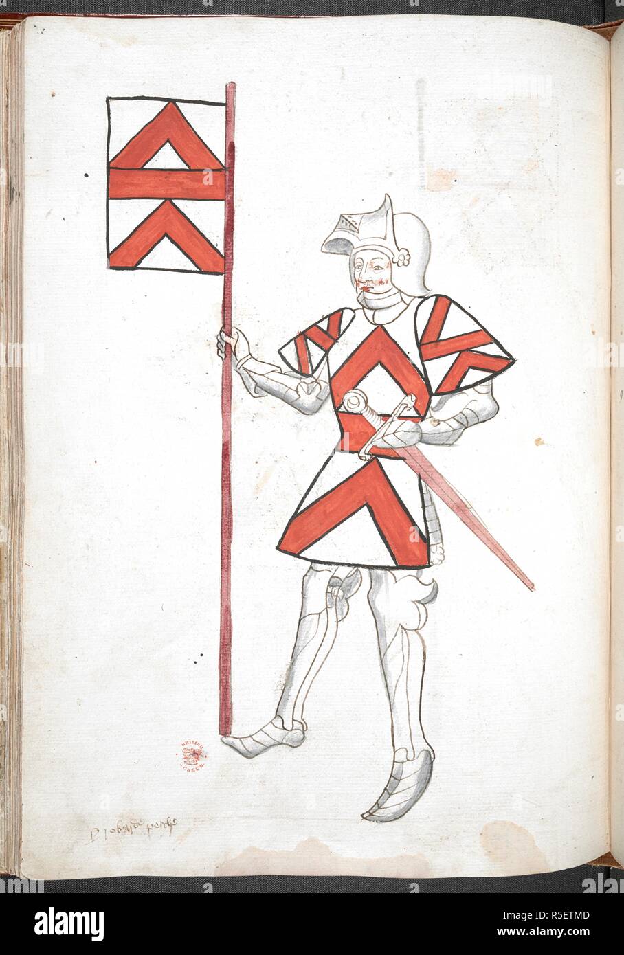 Knight, in armour and tabard, holding a sword and a standard with ...