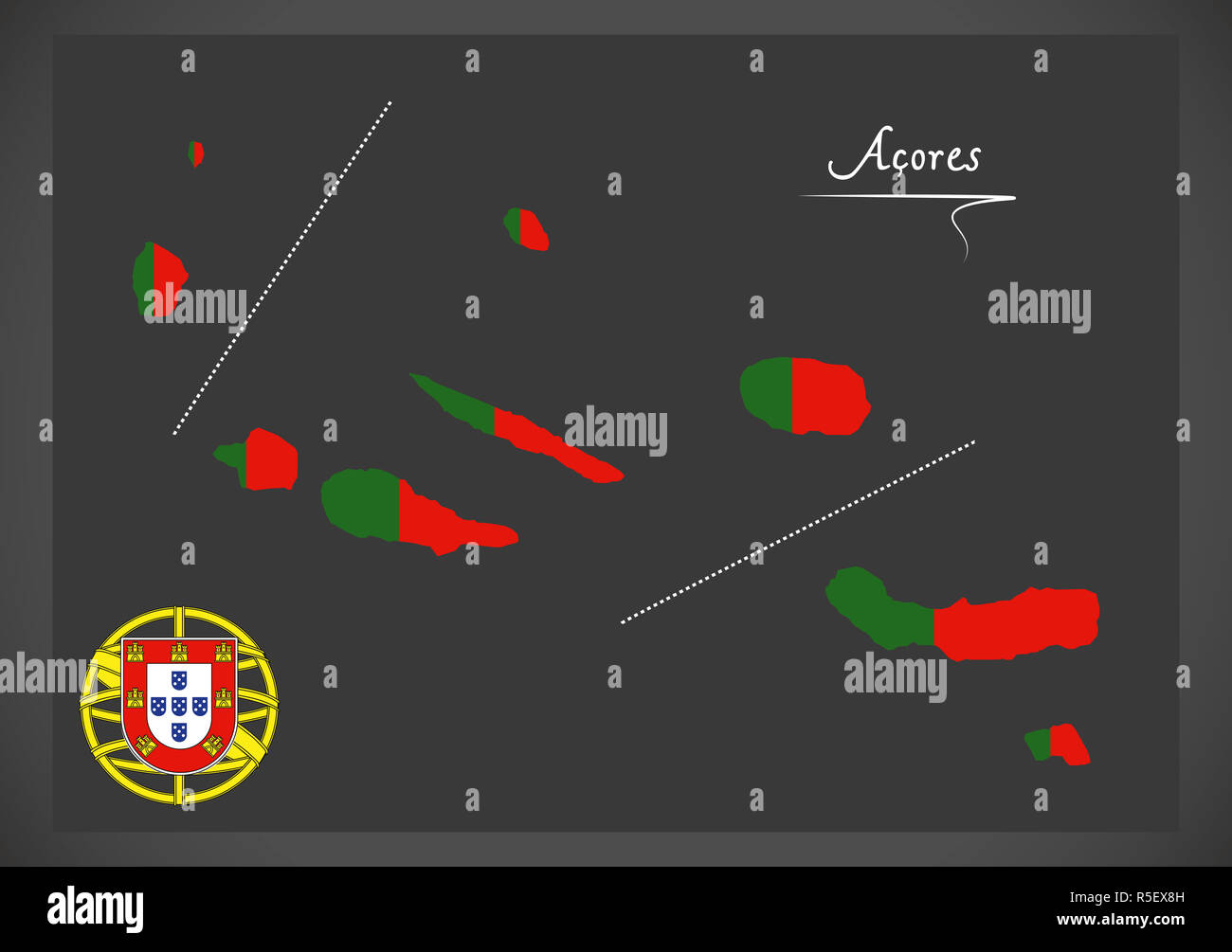 Acores Portugal map with Portuguese national flag illustration Stock ...