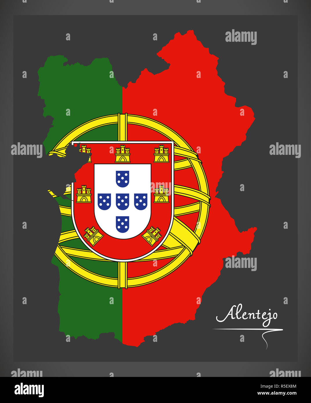 Alentejo Portugal map with Portuguese national flag illustration Stock ...