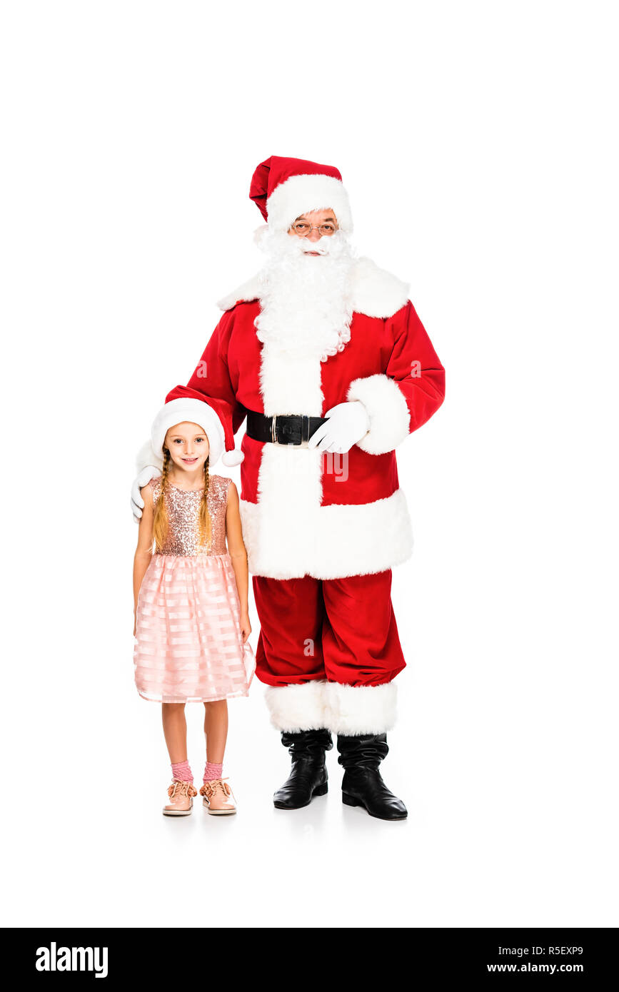 santa claus and little child looking at camera together isolated on ...