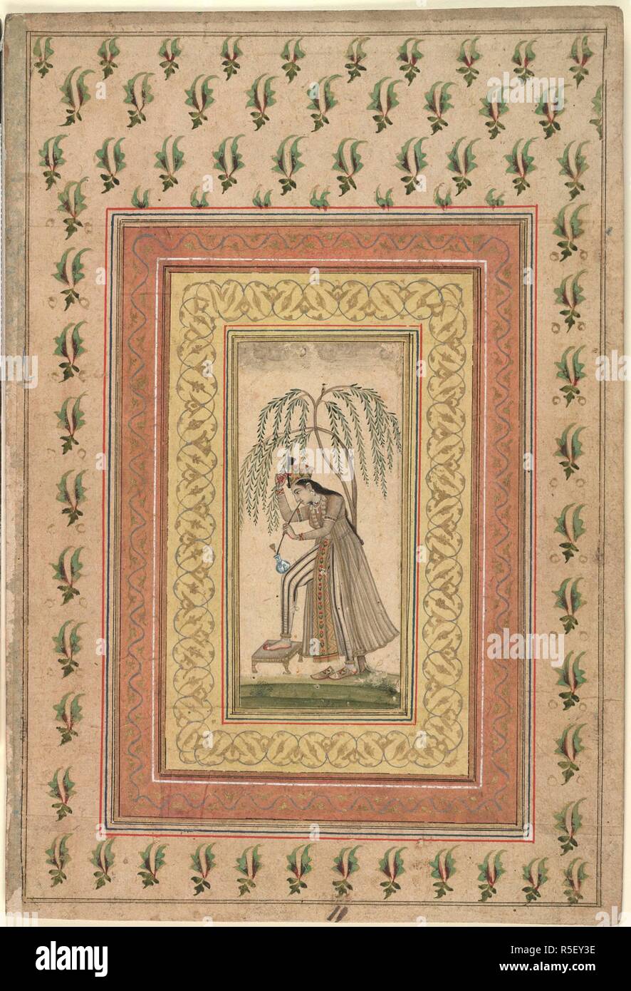 A lady smoking. c.1680. A lady smoking. Tinted drawing. Deccani style ...