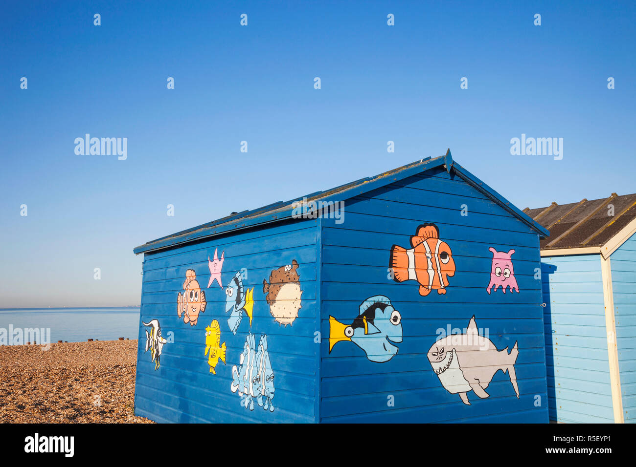 England, Hampshire, Hayling Island, Beach and Groin, Beach Huts Stock ...