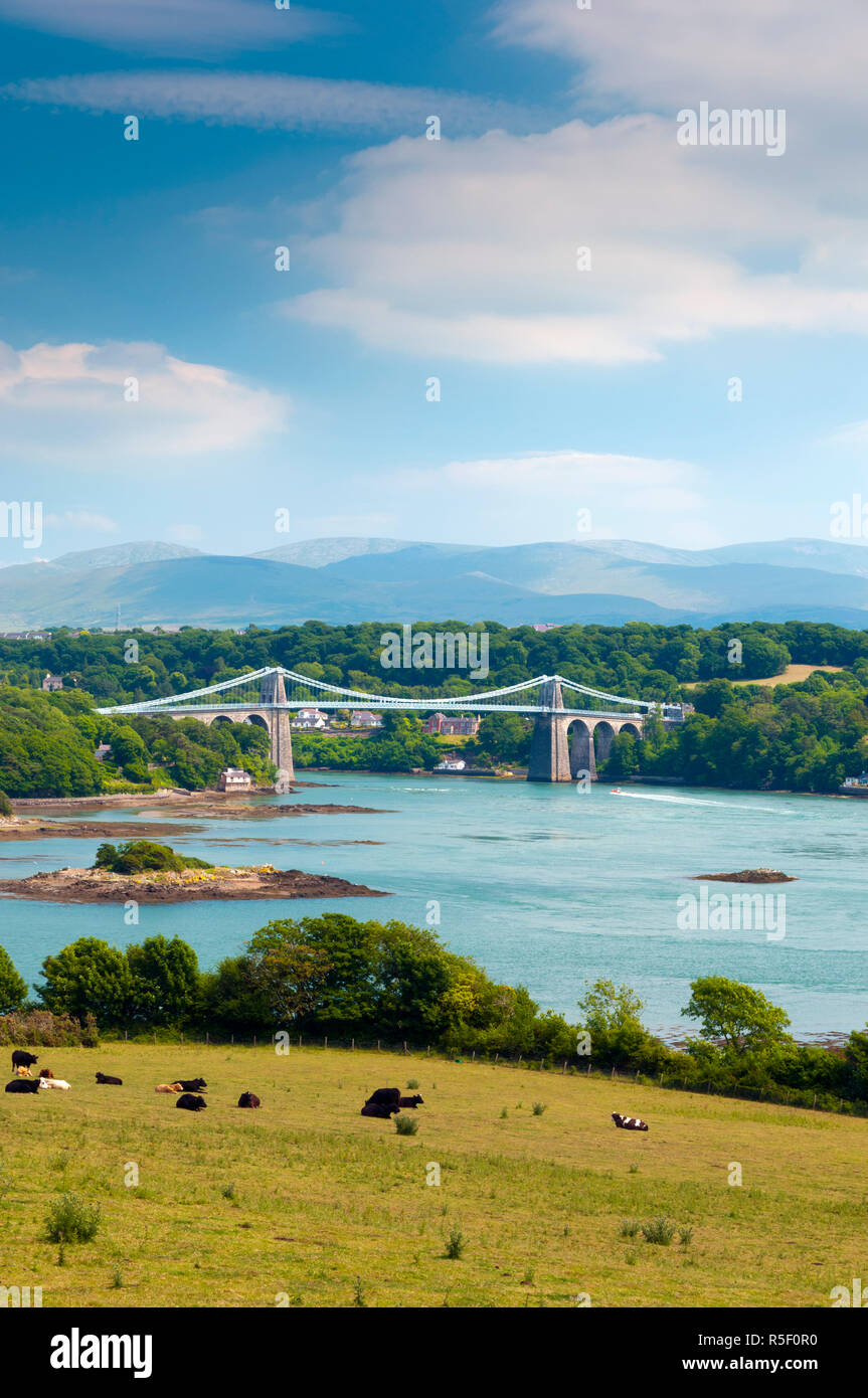 UK, Wales, Anglesey, Menai Straits, Menai Suspension Bridge (Pont Grog ...