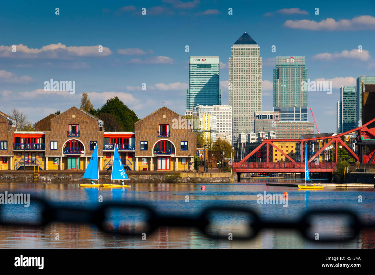 UK, England, London, Shadwell Basin and Canary Wharf beyond Stock Photo ...