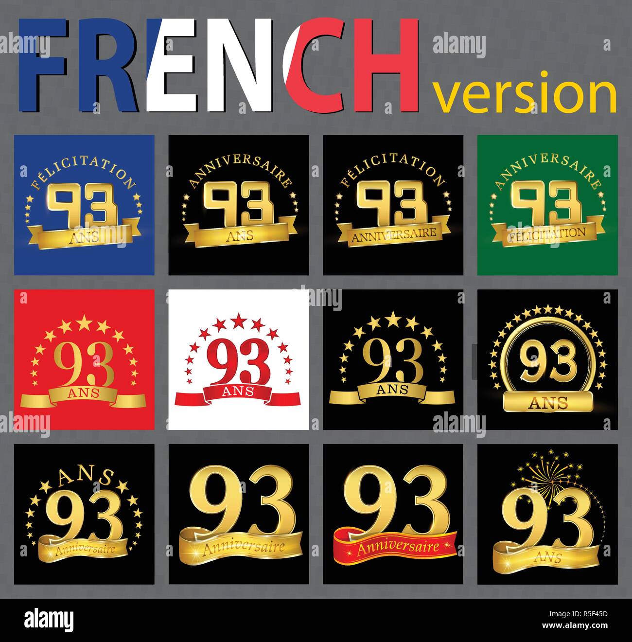 Set of number 93 (ninety-three years) celebration design. Anniversary golden number template ...