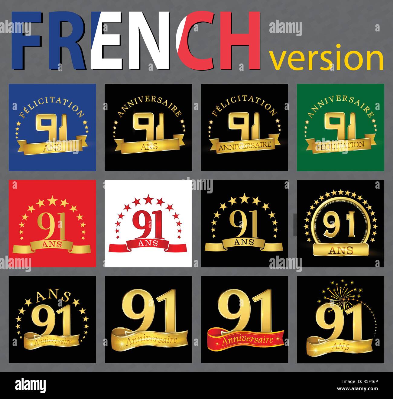 Set of number 91 (ninety-one years) celebration design. Anniversary golden number template ...