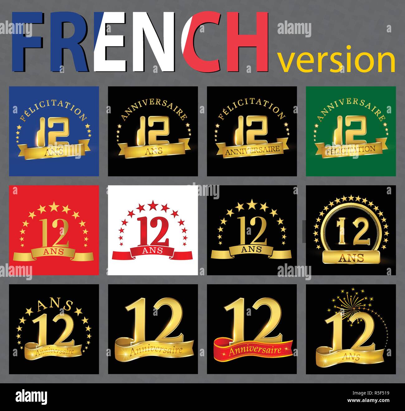 Set of number 12 (twelve years) celebration design. Anniversary golden ...