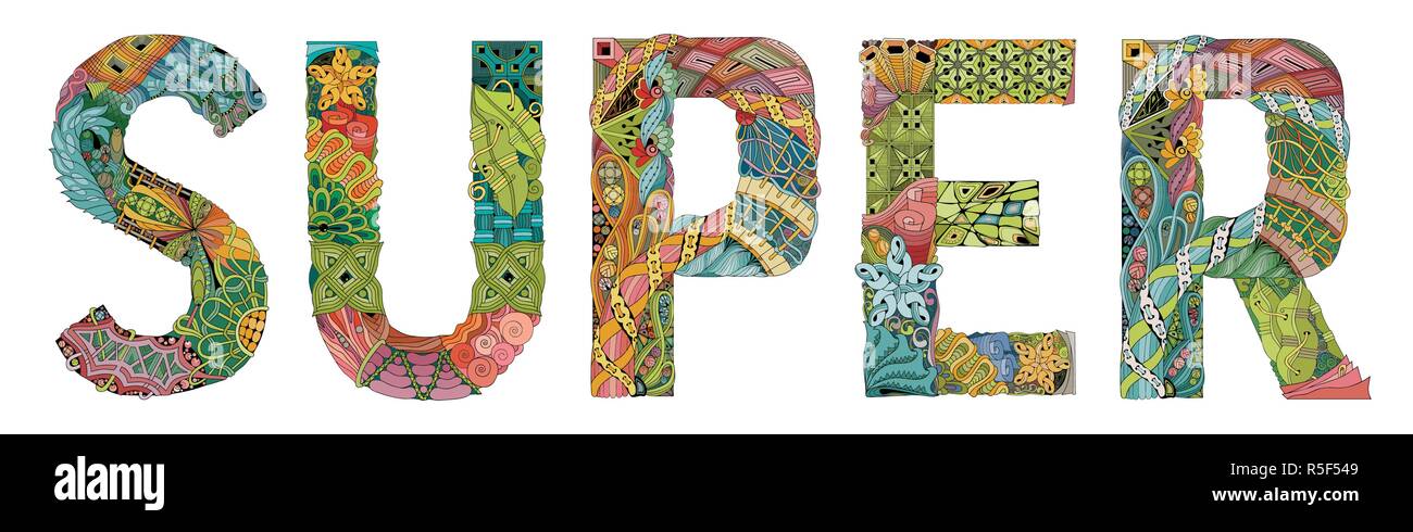 Hand-painted art design. Hand drawn illustration word SUPER for t-shirt ...