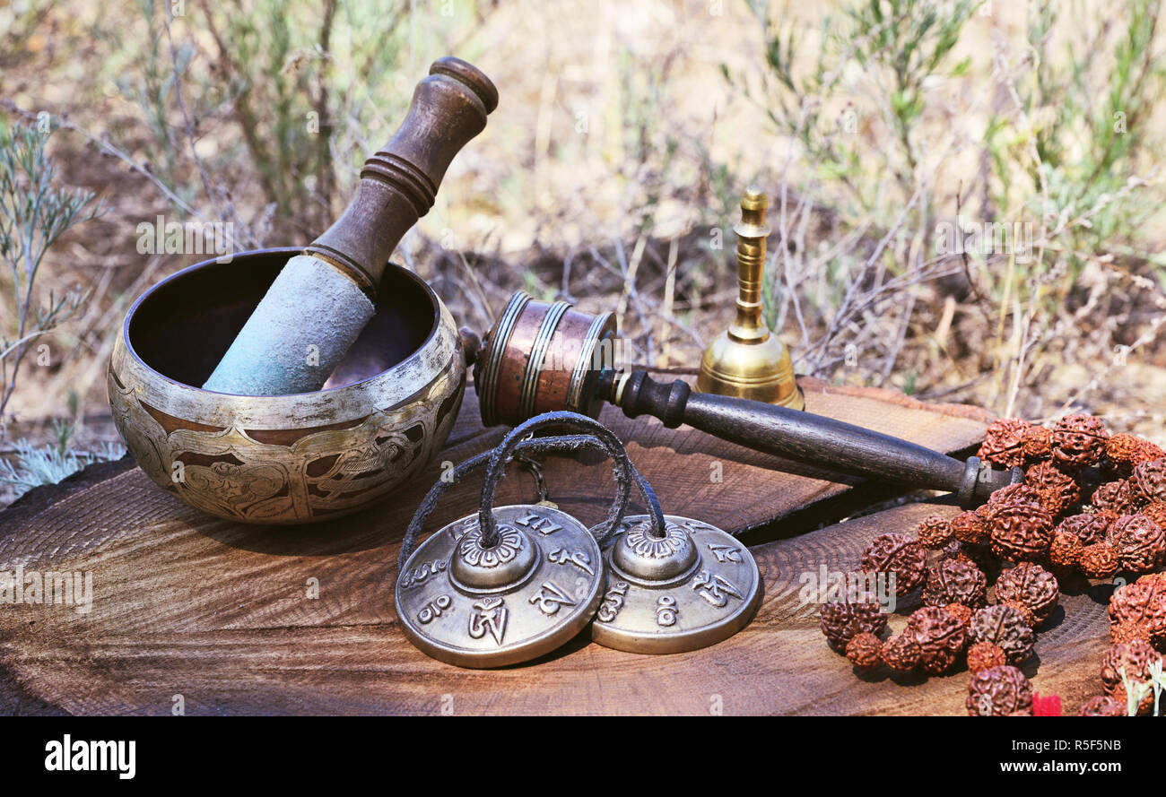 Singing bowl and other religious Tibetan musical instruments Stock ...