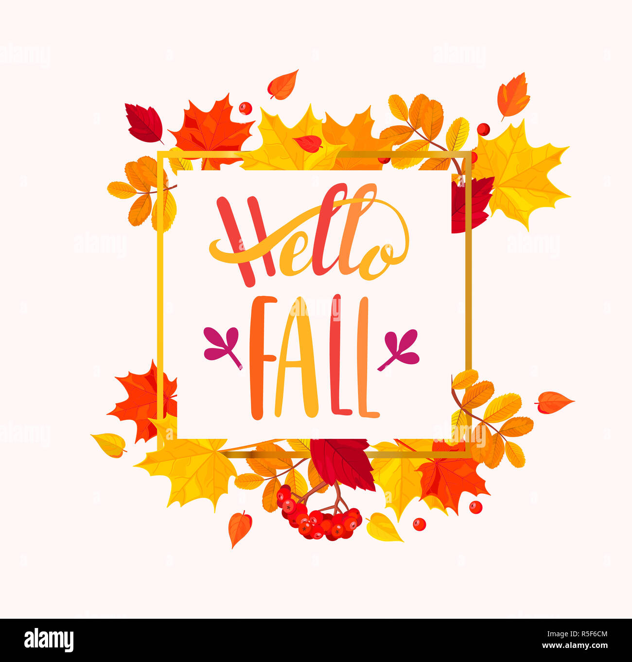 Hello Fall lettering in autumn leaves frame Stock Photo - Alamy