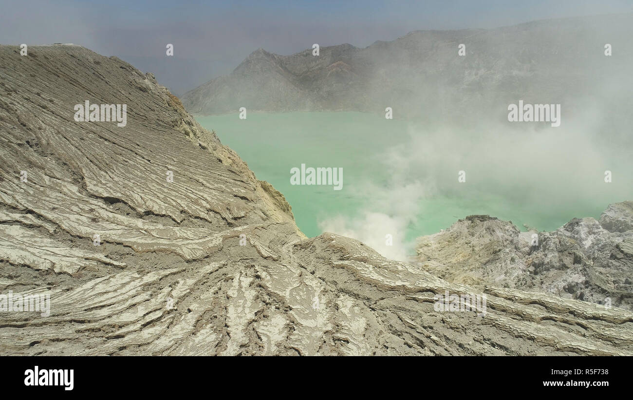 Aerial view mountain landscape with crater acid lake Kawah Ijen where ...