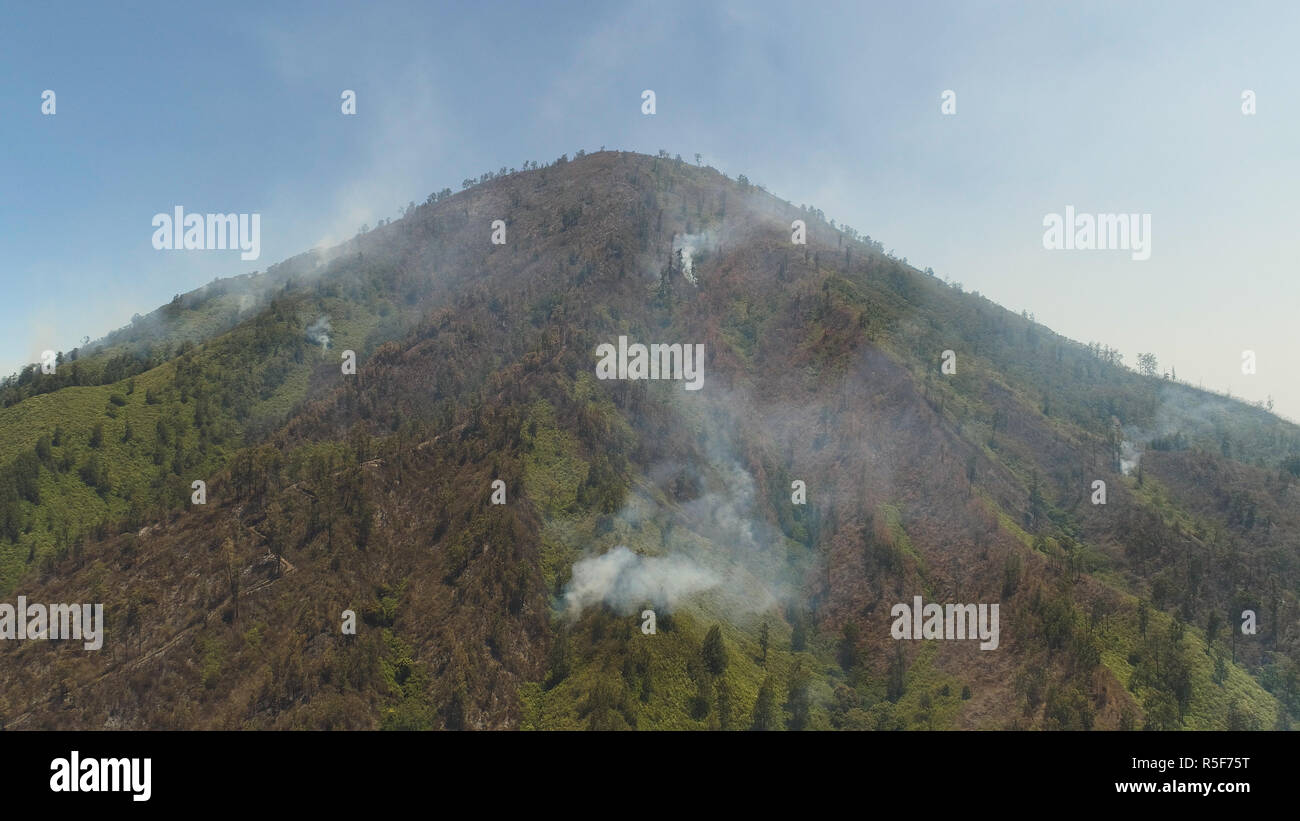 aerial view forest fire smoke on slopes hills. wild fire in tropical ...
