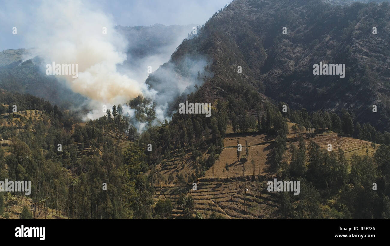 fire in mountain forest. aerial view forest fire and smoke on slopes ...