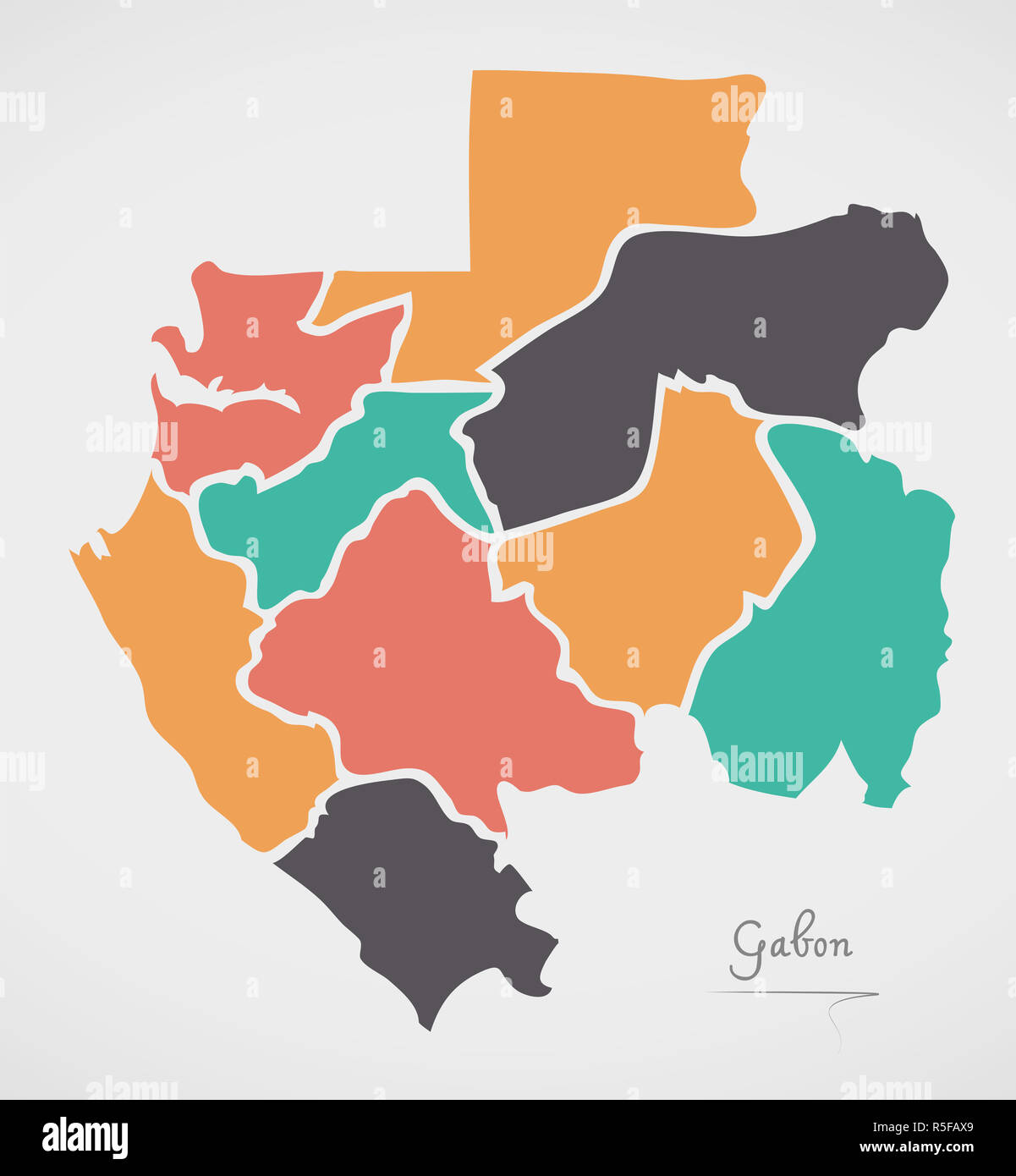 Gabon Map with states and modern round shapes Stock Photo - Alamy