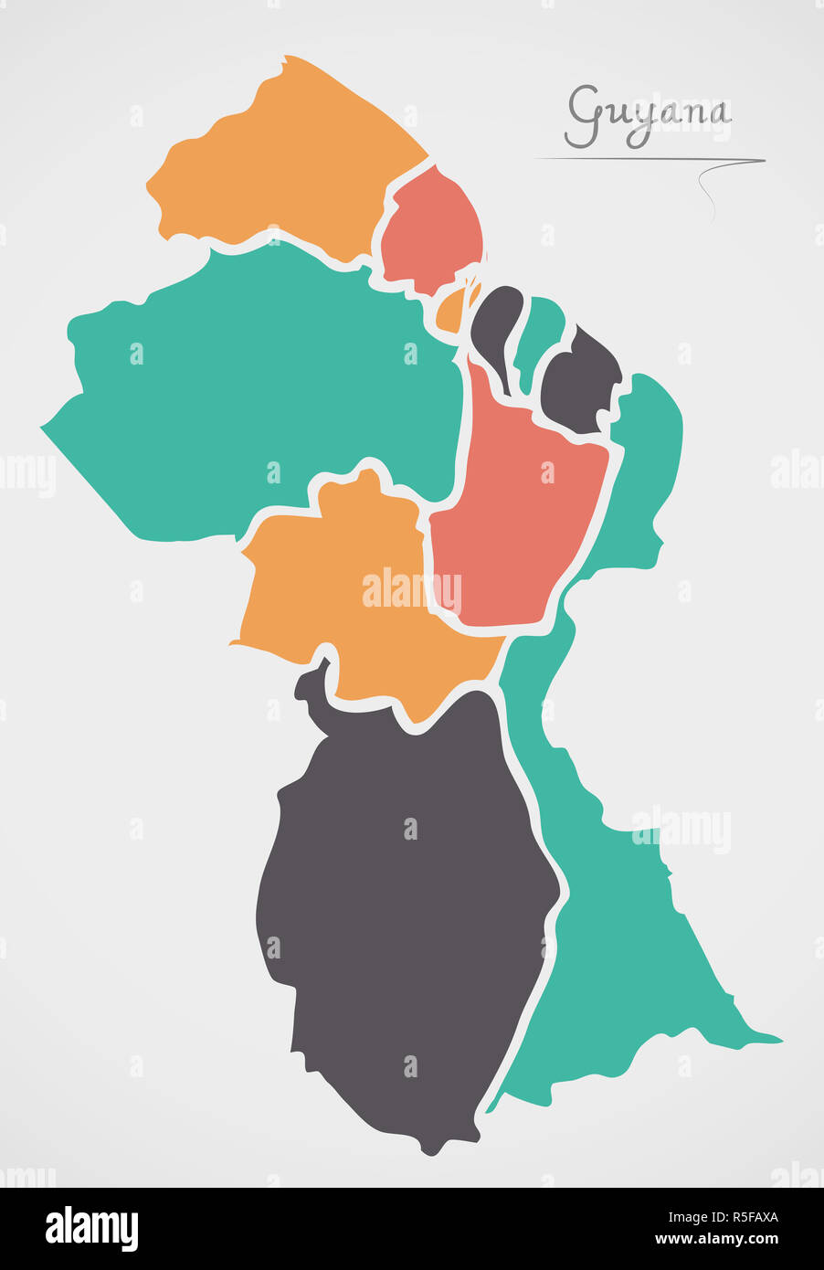 Guyana Map with states and modern round shapes Stock Photo - Alamy