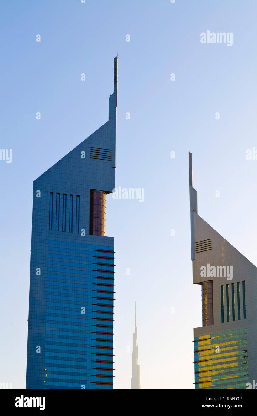 UAE, Dubai, Sheikh Zayed Road, Emirates Towers and Burj Khalifa beyond ...
