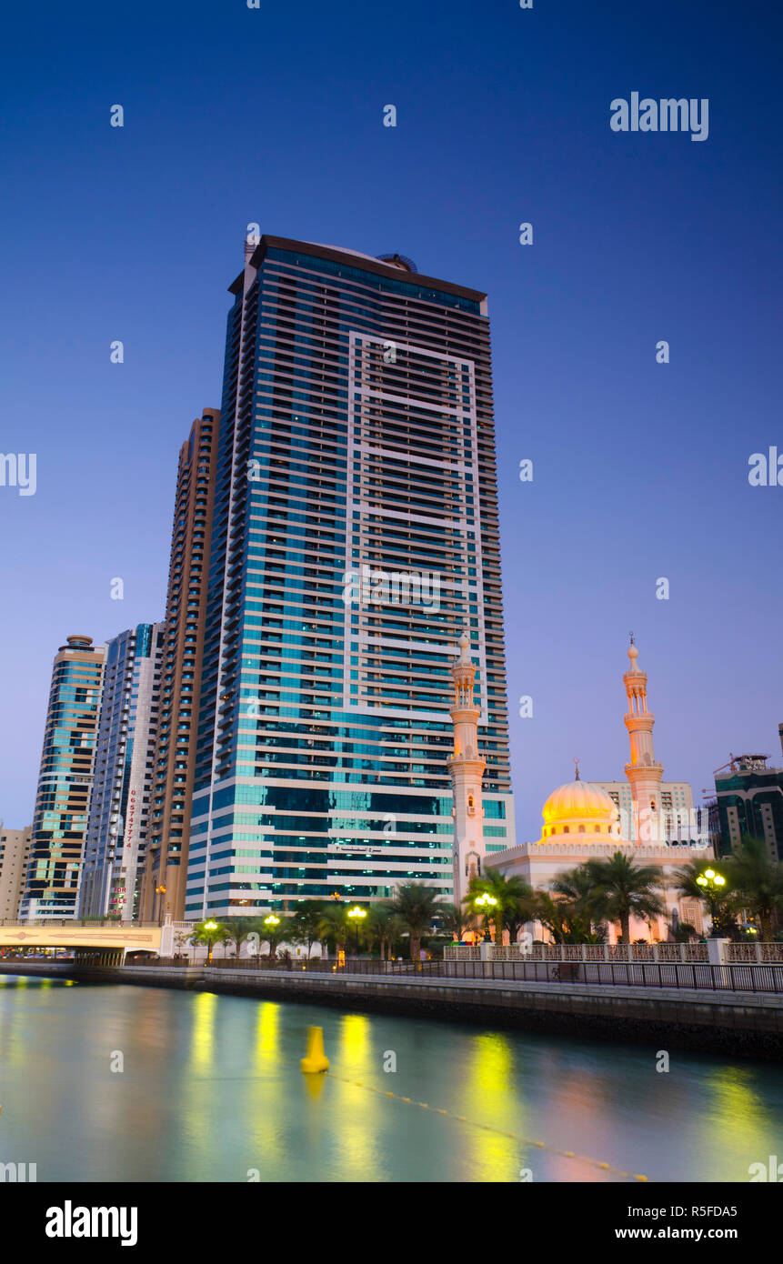 United Arab Emirates, Sharjah, Al Qasba Mosque beside Al Qasba Canal ...