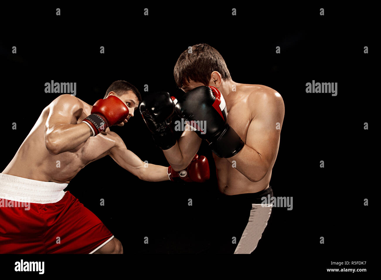 Two professional boxer boxing on black background Stock Photo - Alamy