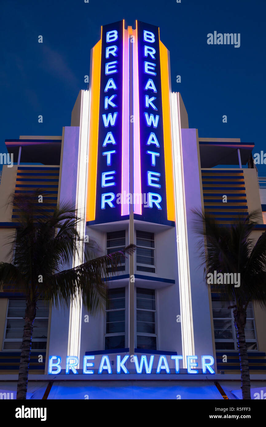 USA, Miami Beach, South Beach, art deco Breakwater Hotel sign, Ocean ...