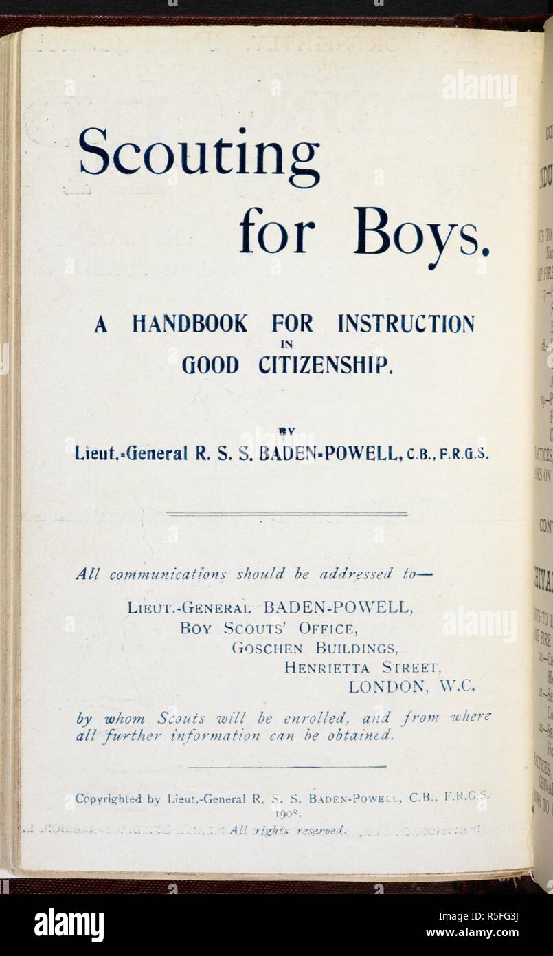 A title page. Scouting for Boys. A handbook for instruction in good ...