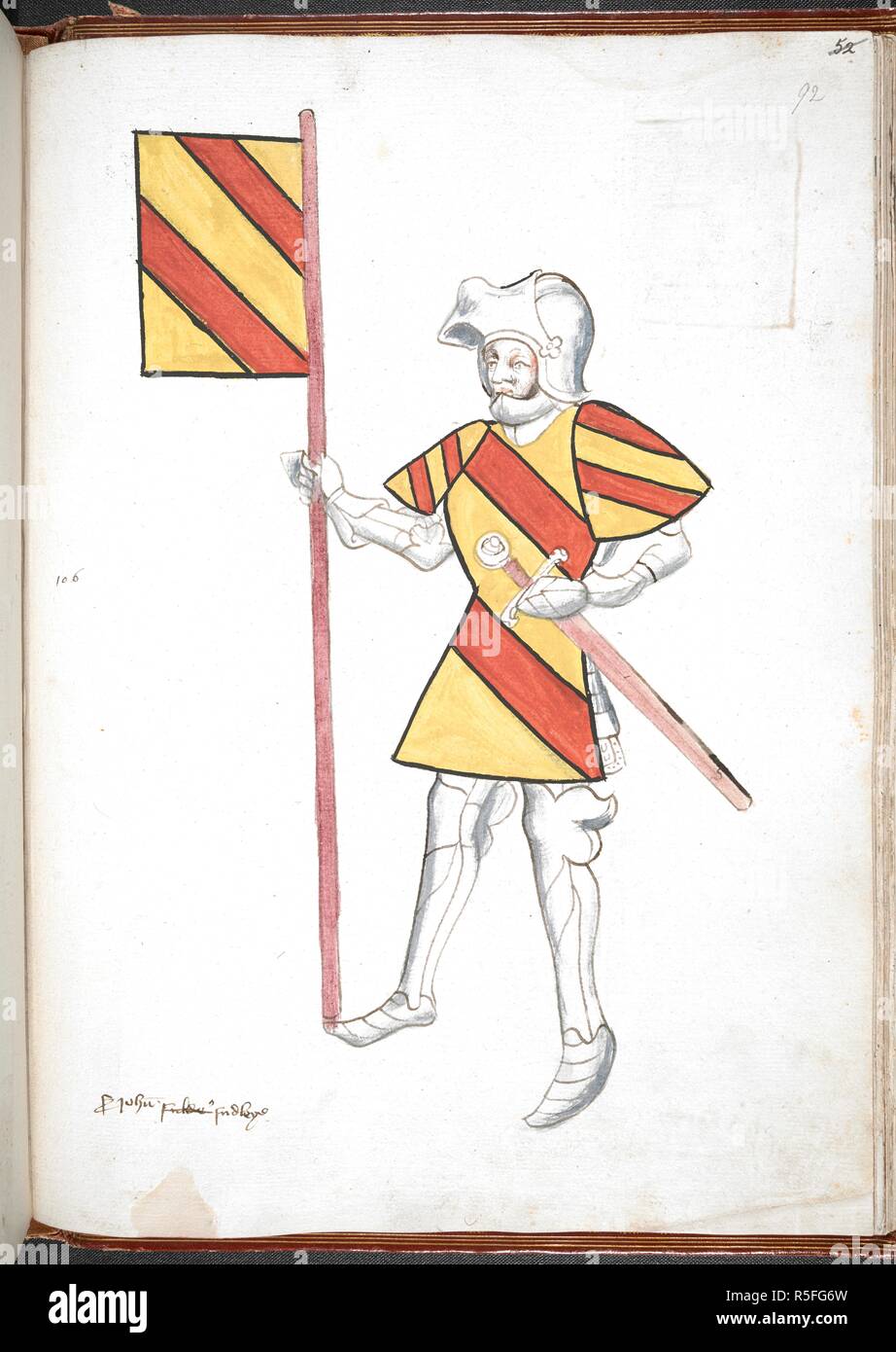 Knight, in armour and tabard, holding a sword and a standard with ...