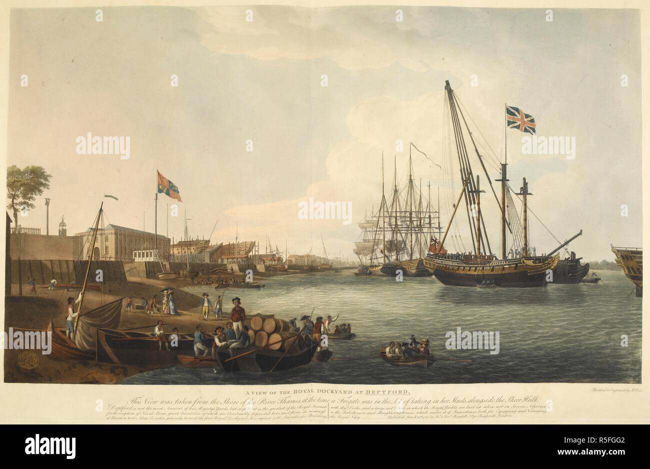 View of the Royal Dock Yard at Deptford. Naval stores being unloaded by ...