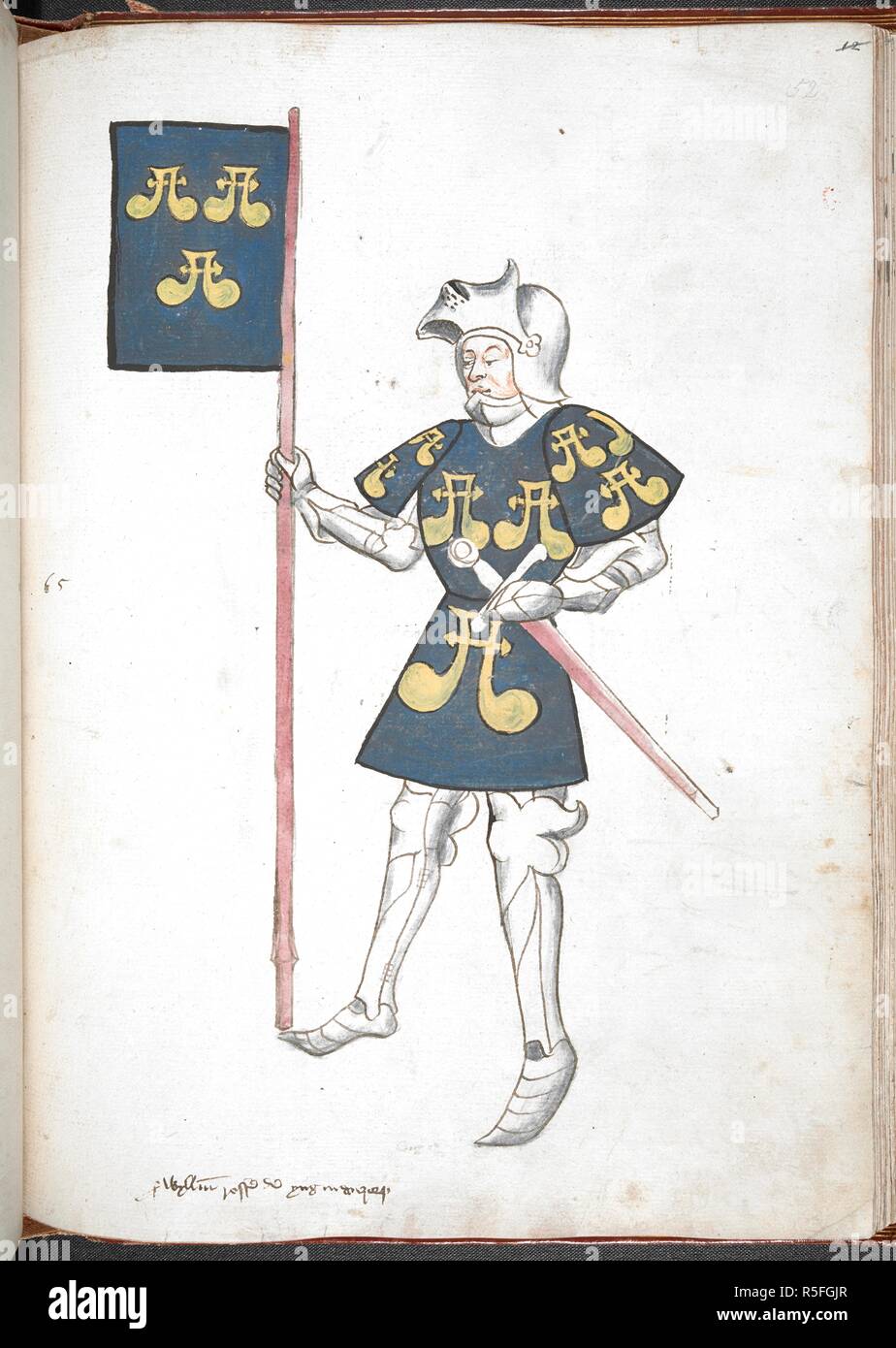 Coloured drawing of a knight in armour and tabard. Legh's Men of Arms ...