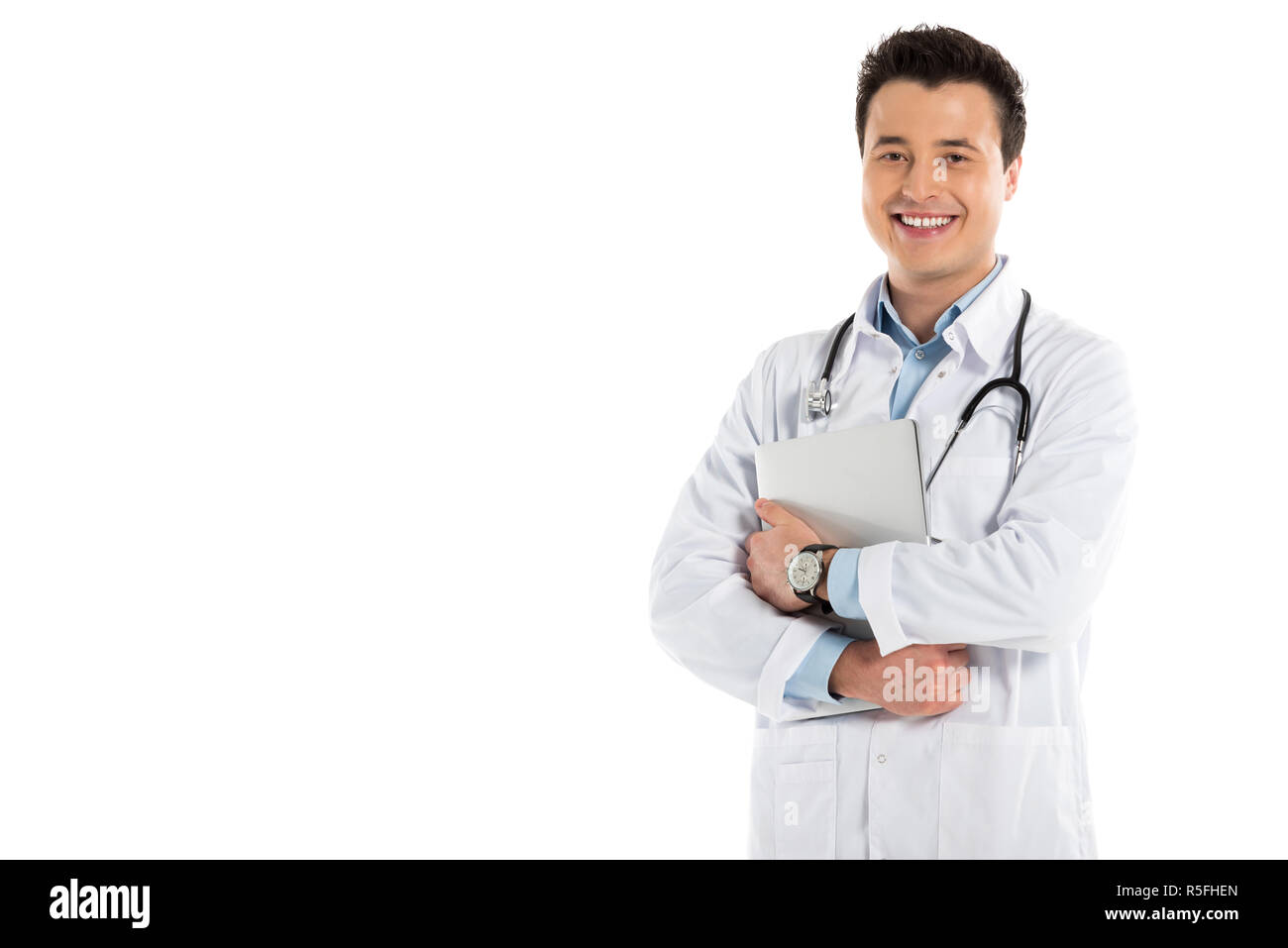 male doctor in stethoscope looking at camera and holding diagnosis ...