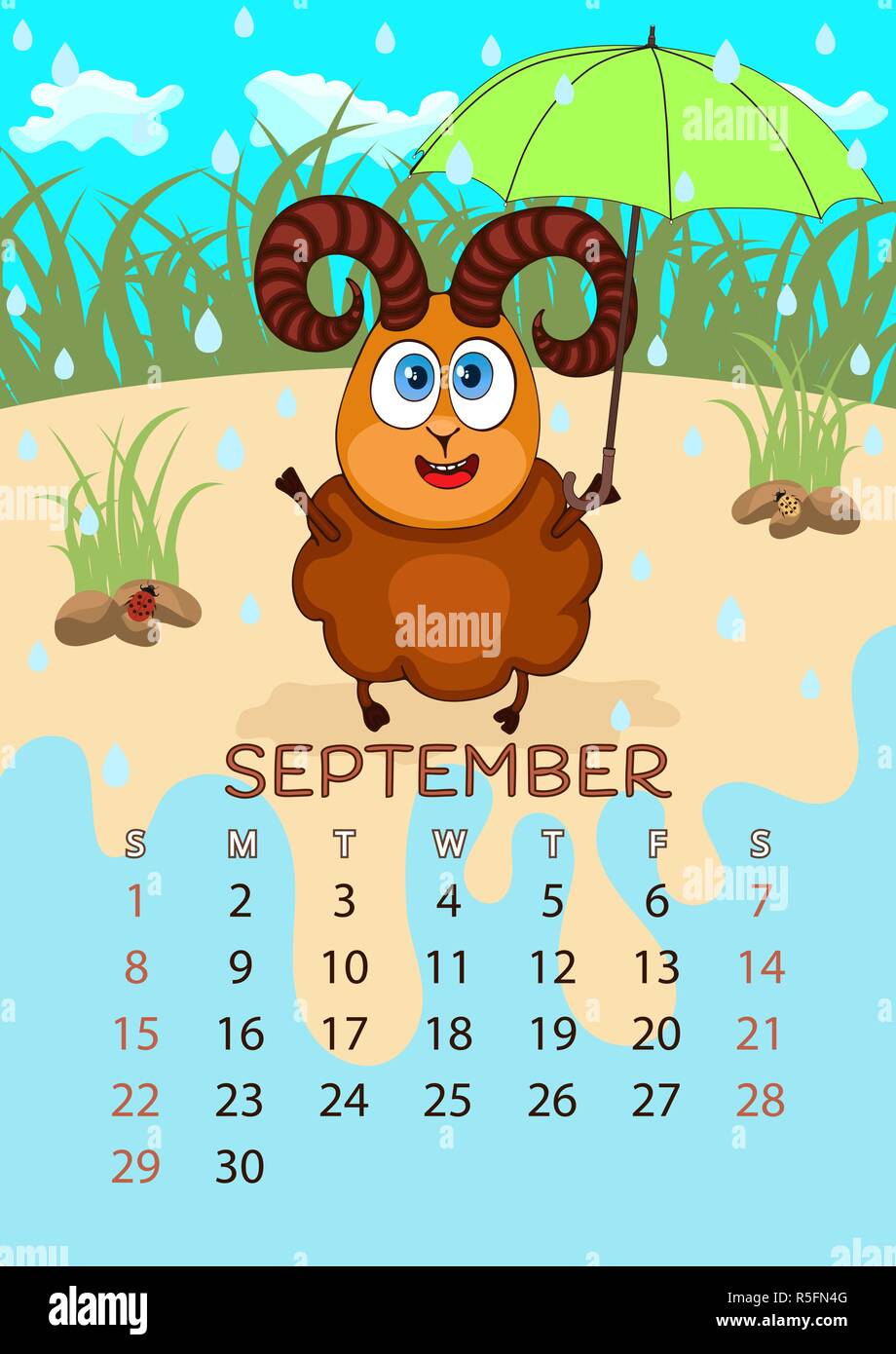 Calendar for 2019 with cartoon funny animals, hand drawing, vector ...