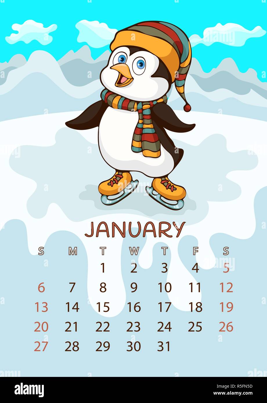 Calendar for 2019 with cartoon funny animals, hand drawing, vector ...