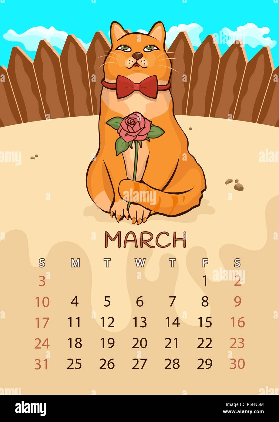 Calendar for 2019 with cartoon funny animals, hand drawing, vector ...
