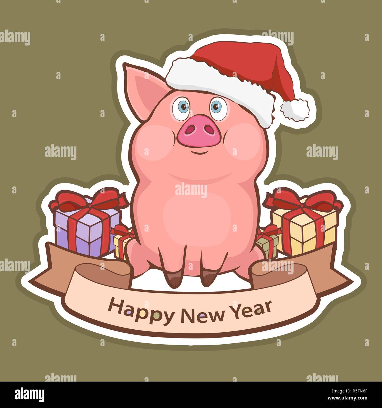 Happy New Year sticker, card with a cute funny pig in Santa hat, gift ...