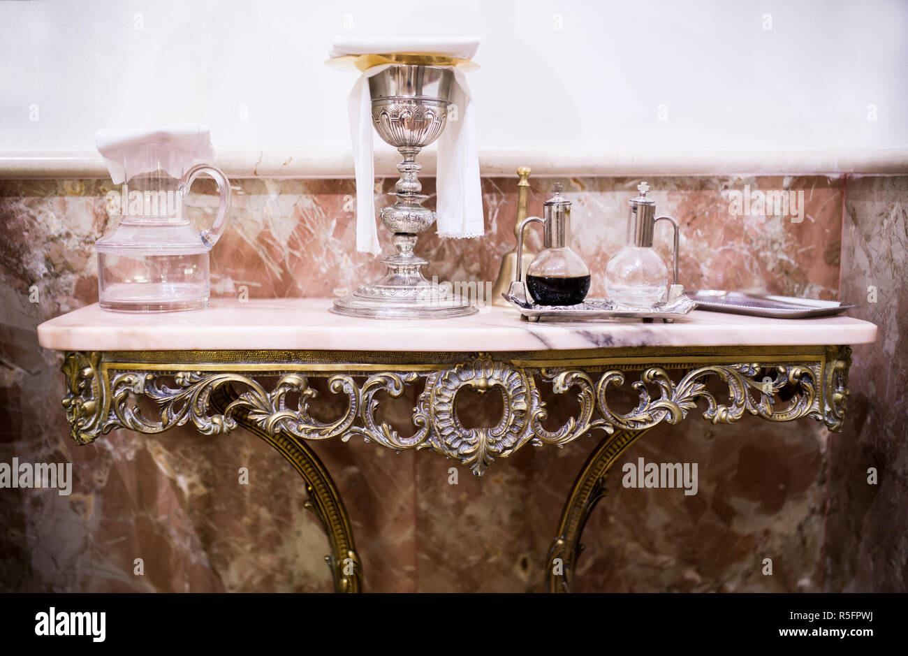 Catholic liturgical objects displayed over marble table at church ...