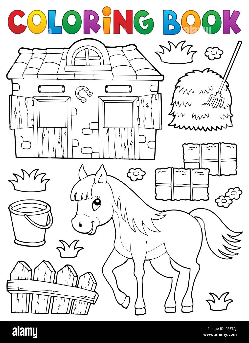 Coloring book horse and related objects Stock Photo - Alamy