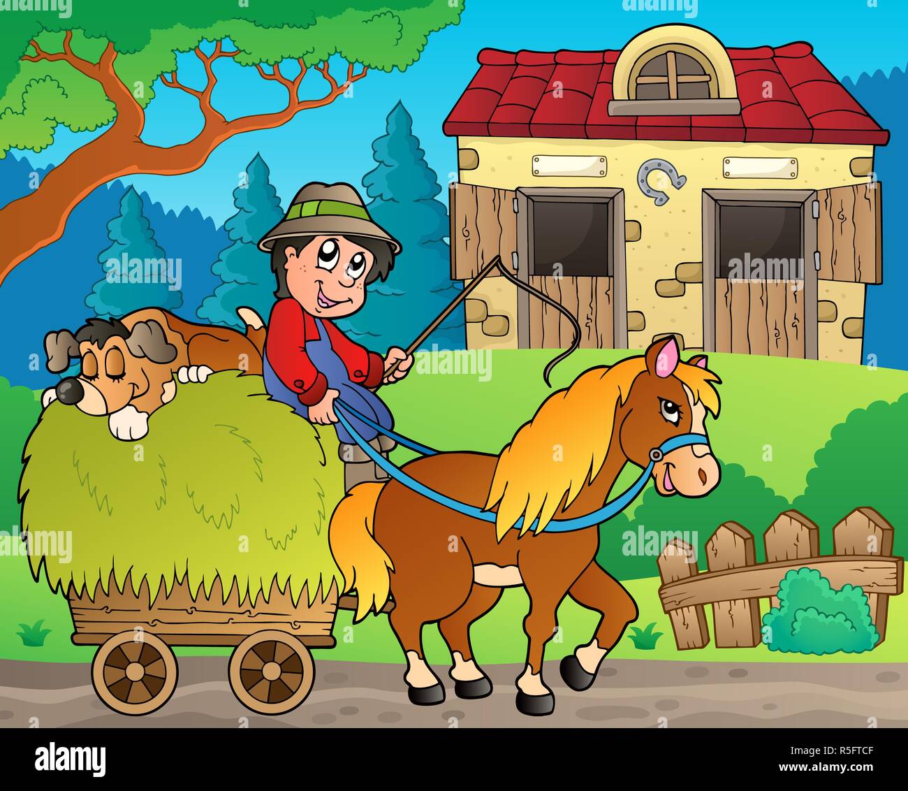 Hay cart with farmer near stable Stock Photo - Alamy